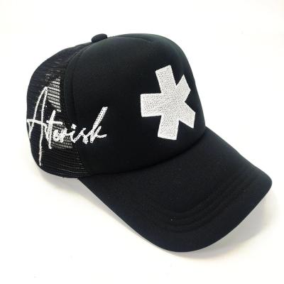 China Loose Full Foam Mesh Custom Embroidery Trucker Hats Black Embroidered White Thread for sale
