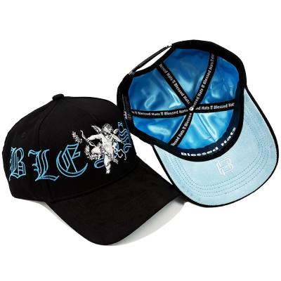 China Streetwear Dad Hats Custom Metal Tag Angel Text Cross patch Embroidery Silk Lining With Brand Tube Printed Cotton for sale