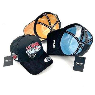 China Baseball Hats Customized 3D Embroidered Logo 5 Panel Suede Cap Satin Lining With PVC Metal Logo for sale