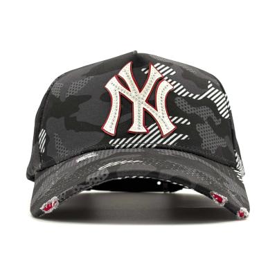 China Black Camo Distressed Ny Rhinestone Baseball Caps Vintage Ripped Brim Trucker For Men Women Outdoor Sport for sale