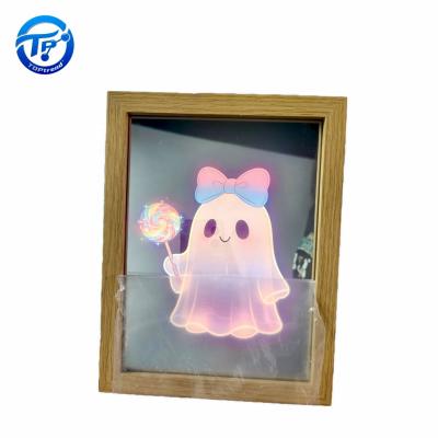 China Custom Wooden Magic Mirror LED Light Frame Two-way Mirror Table Night Light Decor Photo Frame With Printed Pattern for sale