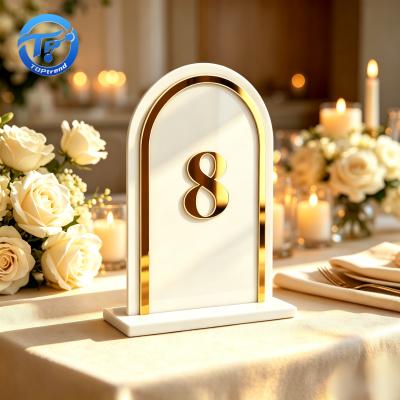 China 130×180×2.65mm Arch Luxury Wedding Table Number Sign, Double‑Layer White Acrylic Bonded Gold Mirror Acrylic Table Stand For Wedding Banquet Reception Table Decor for sale