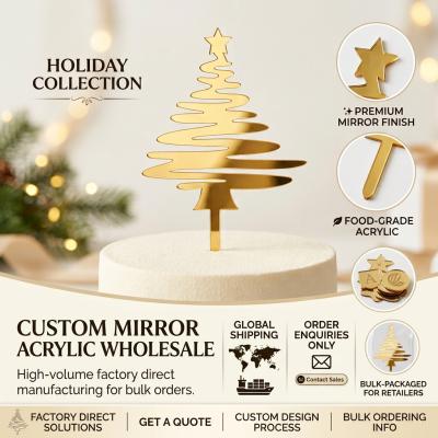 China Mirror Gold Acrylic Christmas Tree Cake Topper Line Art Xmas Dessert Table Party Decoration for sale