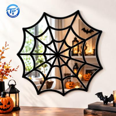 China 300x300mm Spider Web Acrylic Mirror Wall Decor, 2.65mm Double Layer Bonded Acrylic Mirror With Black Acrylic Sheet, Halloween Hollow Out Wall Hanging Art Mirror for sale