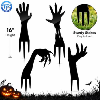 China 16 Inch Halloween Black Acrylic Yard Sign With Built-in Stakes, Zombie Monster Hand Shape Ground Stake Decor for Lawn Garden Outdoor Party for sale