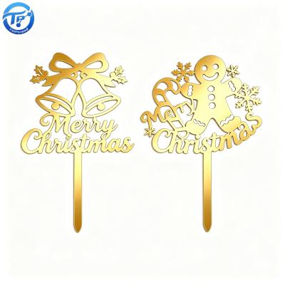 China Custom Merry Christmas Acrylic Cake Topper Mirror Gold Xmas Cake Picks for Holiday Party Cake Decoration for sale