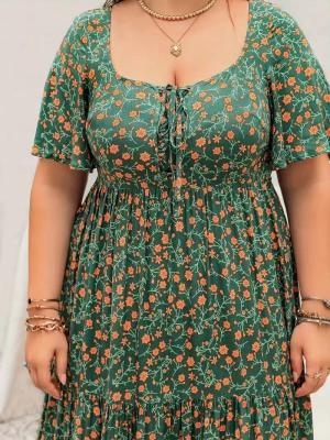 China Bohemian style floral plus-size summer and autumn loose long dress, short-sleeve new floral slim-fit dress for sale