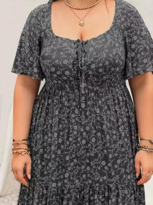 China Bohemian style floral plus-size summer and autumn loose long dress, short-sleeve new floral slim-fit dress for sale