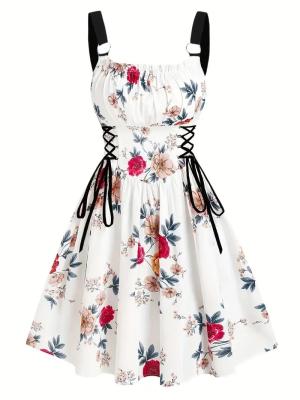 China European and American digital print lace-up O-ring elegant party sexy slim fit camisole dress for sale