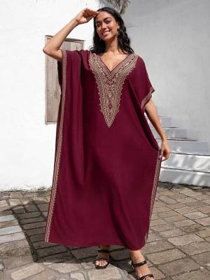 China 2026 Plus Size Vintage Kaftan Dress with Gold Embroidered Batwing Sleeve and Lightweight Design for Beach and Weddings for sale