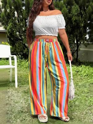 China Plus-size women's colorful striped drawstring wide-leg pants—perfect for summer casual wear, versatile, loose-fitting, and comfortable for a laid-back look for sale