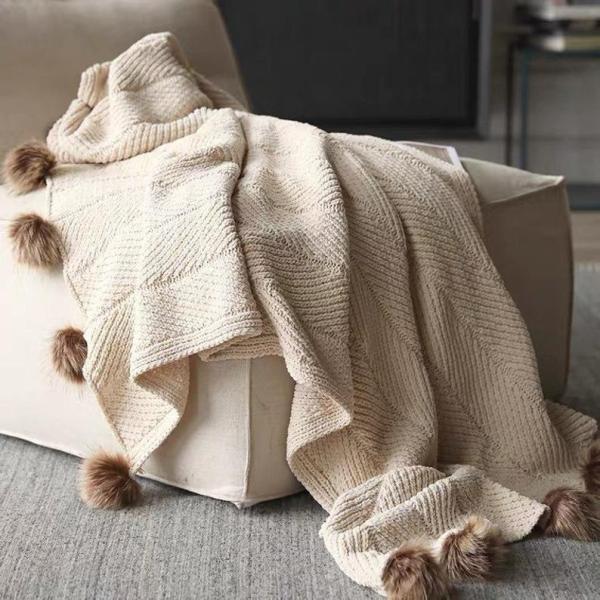 Quality Y-F Home Decor New Nordic Style Soft Fluffy Chenille Knitted Pom Pom Tassel Sofa Throws Plush Couch Crochet Blanket for sale