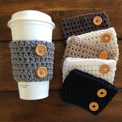 China Y-Z Neutral Color Reusable Farm House Crochet Coffee Sleeve Cup Cozy with Wood Buttons for sale