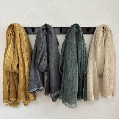 China Y-Z Luxury Shawl Scarf Women Korean Lace Embroidery Plain Color Cotton and Linen Scarf Sunscreen Scarves for sale