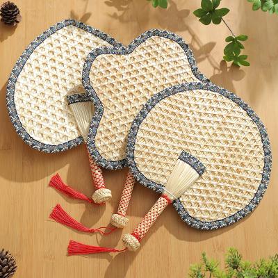 China Y-Z Chinese Style Handmade Cattail Blue Tassel Wheat Straw Fan Summer Cool Portable Palm-leaf Large Fan for sale