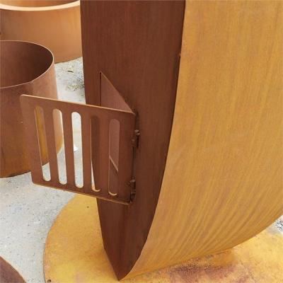 China Large Garden Corten Steel Structure Sinking Canoe Shape Wood Storage Sculpture for sale