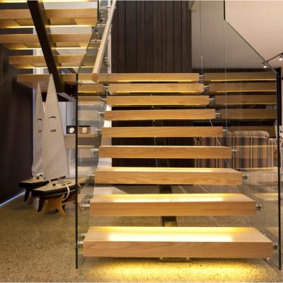China Villa Glass wood steel straight stairs design for sale