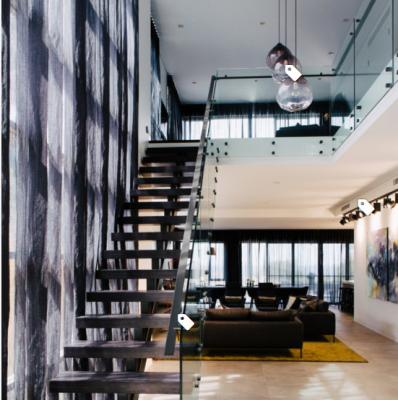 China European classic stair black wood steel staircase with patch fitting glass railing for sale