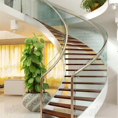 China Modern Design Interior curved staircase with tempered glass railing for sale