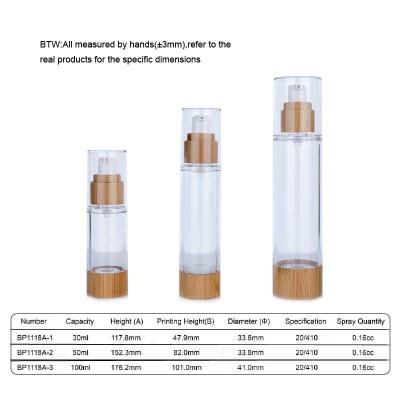 Cina 100 ml 50 ml 30 ml Contenitori senza aria Cosmetici Plastica trasparente con tappi di bambù in vendita