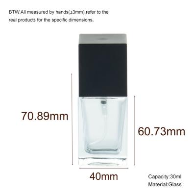 China 30ml Square Foundation Bottle Empty Clear Glass With Black Plastic Cap for sale