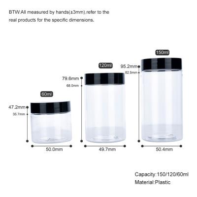 China 60ml 120ml 150ml Cylindrical Transparent Plastic Cream Jars With Black Lids for sale