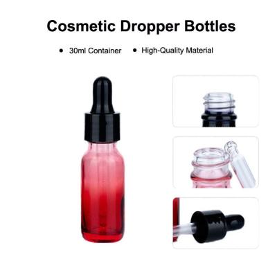 China Glass Cosmetic Dropper Bottles 30ml Round Clear Red Essential Oil Sample Bottles for sale