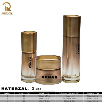 China 50g 40ml 100ml Goldplattierte Deckel Gradient Quadrat Glasmaterial Lotion Flasche Creme Jar Hautpflege Set Verpackung zu verkaufen