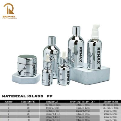 Cina 60g Crema in barattolo 20ml 30ml 100ml 120ml 150ml Bottiglia pompa vetro lucido placcato in argento Lozione per la cura della pelle e set di essenze in vendita