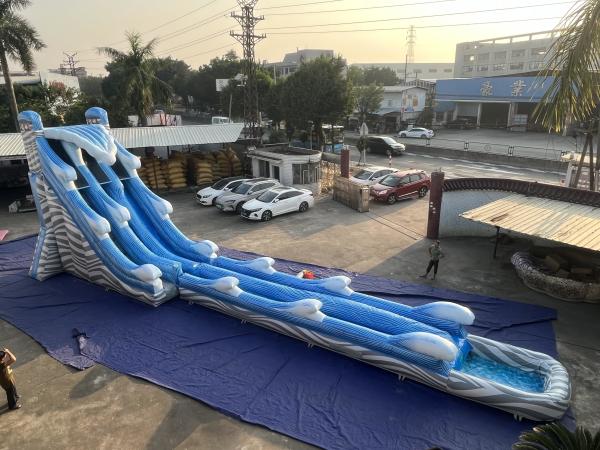 Quality Large Waves Inflatable Water Slides With Long Pool Blue Color for sale