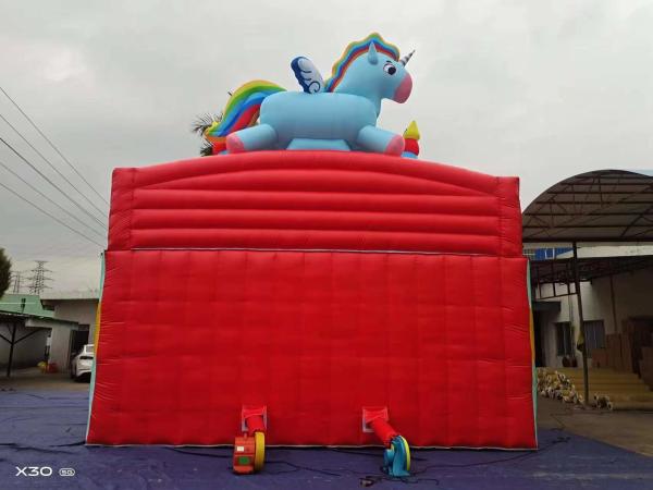 Quality Rainbow Horse Two Parallel Channels Inflatable Slides With Candy Shaped Pillars for sale