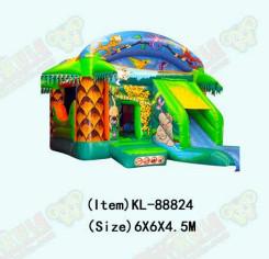 China Green Slide Inflatable Castles Decorated With Patterns Of Monkeys And Birds for sale