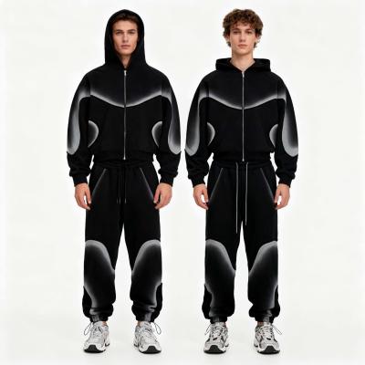 China Custom Manufacturer Heavyweight Neoprene Sweatsuit Vintage Cotton Zip up Streetwear Tracksuit Flared Sweatpants and Hoodie Sets for sale