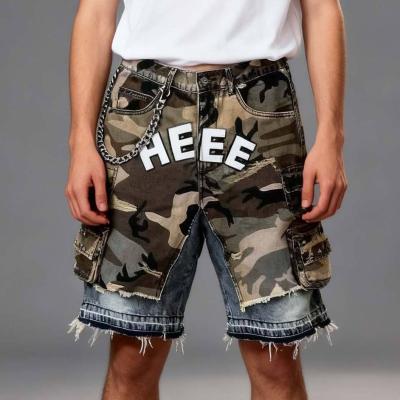 China Shorts Manufacturer Custom Camouflage Distressed Denim Shorts Double Layer Streetwear Rivet Camo Cargo Jorts Shorts for Men for sale