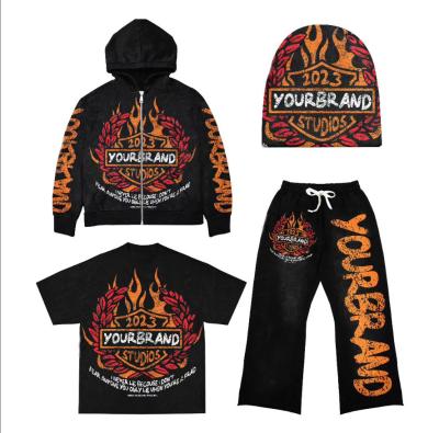 China Odm Training Wear Custom Plus Size Men'S Printed Suit Jogger Zipper Hoodie and Flare Stacked Sweat Pants Set Men Manufacturer for sale