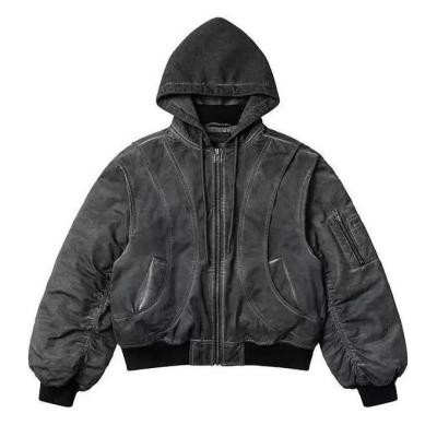 China Custom Heavyweight Canvas Work Distressed Zip up Men's Jacket Hoodie Manufacturer Vintage Boxy Streetwear Bomber Hoodie for Men for sale