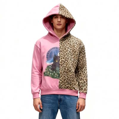 China High Quality Designer Leopard Print Patchwork Pullover Hoodie for Men Manufacturer Custom French Terry Y2k Streetwear Hoodie for sale