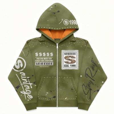 China Custom High Quality 100% Cotton Distressed Zip up Leopard Print Rhinestone Men' Hoodie Manufacturer Heavyweight Acid Wash Hoodie for sale