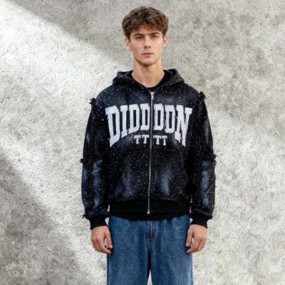 China OEM&ODM Wholesale Custom High Quality Heavyweight Men's Hoodie Applique Embroidered Rhinestone Acid Wash Fashion Zip up Hoodie for sale