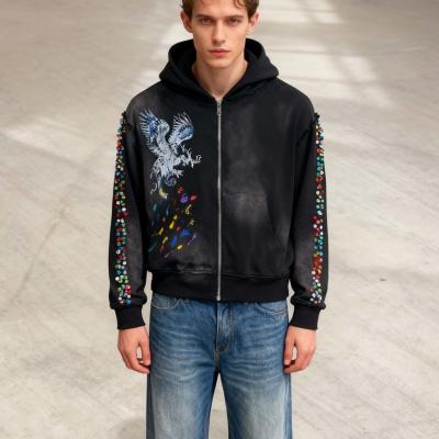 China Wholesale Heavyweight Vintage Acid Wash Hoodie Sweatshirt Custom 380 450 500 Gsm Rhinestones Printed Distressed Zip up Hoodie for sale
