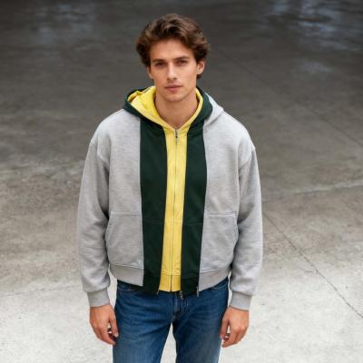China Custom Color Block Triple Layer Zip up Hoodie for Men Heavyweight Plain Blank Cotton Double Zipper Streetwear Hoodie for sale