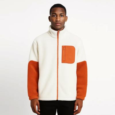 China Custom Embroidery Color Block Patchwork Splicing Zip up Jacket Manufacturer Sherpa Fleece Winter Varsity Outfits Jacket for Men for sale
