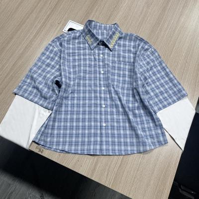 China Manufacturer High Quality Button up Embroidery Double Layer Men's Shirt Custom Designer Blue Plus Size Plaid Check Pattern Shirt for sale