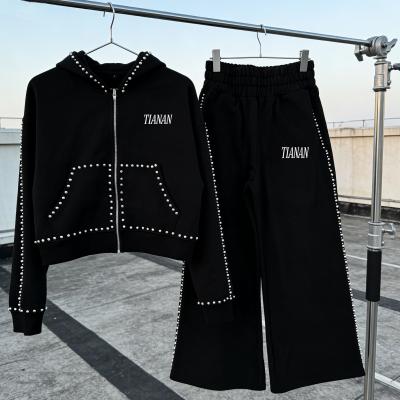 China Wholesale Pearl Diamond Fashion Men Clothing Sweatsuit Heavyweight Zip up Streetwear Tracksuit Custom Hoodie and Pants Sets for sale