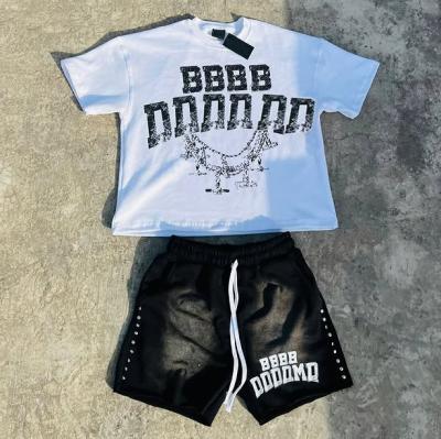 China Custom Summer Printed Logo Acid Wash Running Streetwear T-Shirt and Shorts Set Wholesale Cotton Jogging Wear Active Tops for Men for sale
