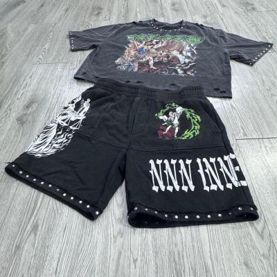 China Custom Rhinestone Acid Wash Printed Cropped 100%Cotton Vintage Sweatsuit for Men Streetwear T-Shirt and Shorts Set Manufacturer for sale