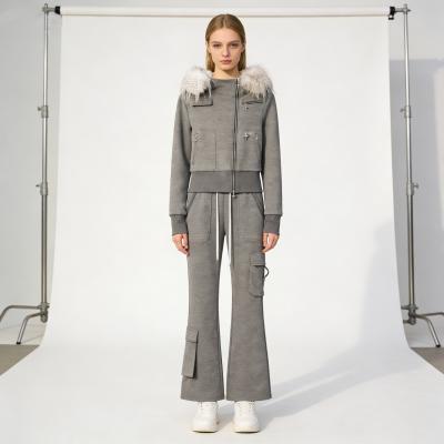 China High Quality 100% Cotton Casual Women's Tracksuit Custom Irregular Zipper Pocket Fur Collar Ladies Outfits 2 Two Piece Sets for sale