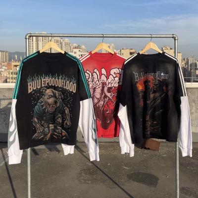 China Wholesale Custom Acid Wash Plus Size 100% Cotton Stripe Printed Tshirt Street Style Rhinestone Double Layer Long Sleeve T-shirt for sale