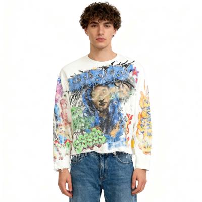 China Street Wear Custom Dtg Printed Men's 280 Gsm Long Sleeve T Shirt for Men Custom Crew Neck Graphic Waffle Cotton Cropped Tshirt for sale