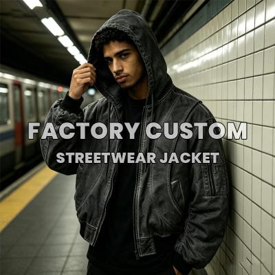 China Custom Heavyweight Canvas Work Distressed Zip up Men's Jacket Hoodie Manufacturer Vintage Boxy Streetwear Bomber Hoodie for Men for sale